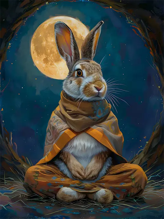 Meditating Bunny In The Moonlight Painting | Diamond Painting Kits