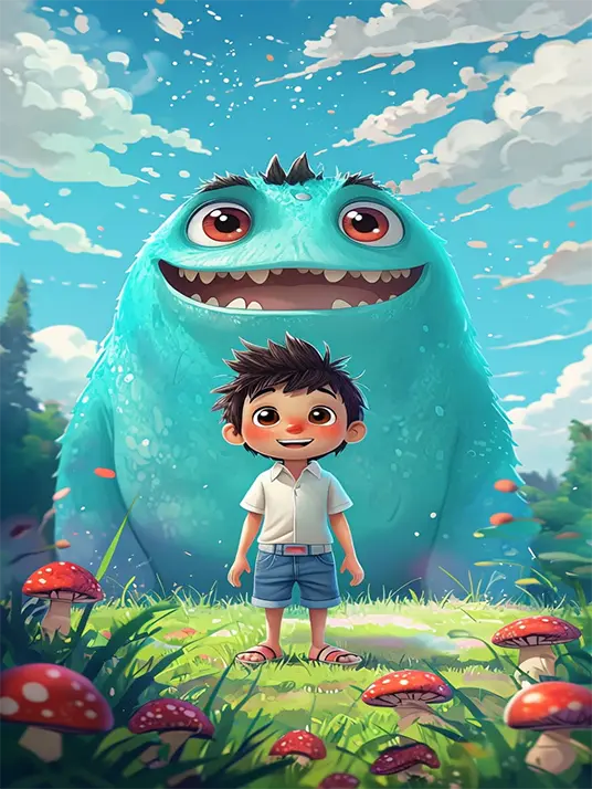 Joyful Boy And Friendly Turquoise Monster Painting | Diamond Painting Kits